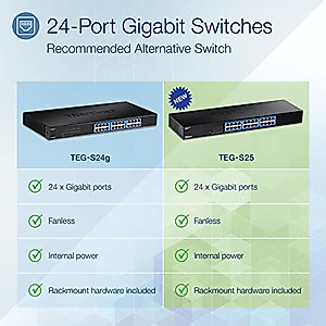 TRENDnet 24-Port Gigabit Switch, TEG-S25, 24 x Gigabit RJ-45 Ports, 48Gbps Switching Capacity, Fanless Design, Metal Enclosure, Internal Power Supply, Lifetime Protection, Black