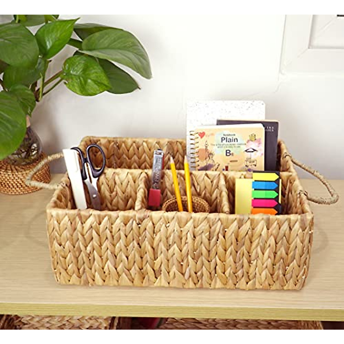 Wicker Divided Storage Basket Woven Natural Basket Hyacinth for Organizing Bathroom Kitchen Shelves Office Supplies Organization Everyday Wicker Storage Baskets 4 Section Rectangular Tray