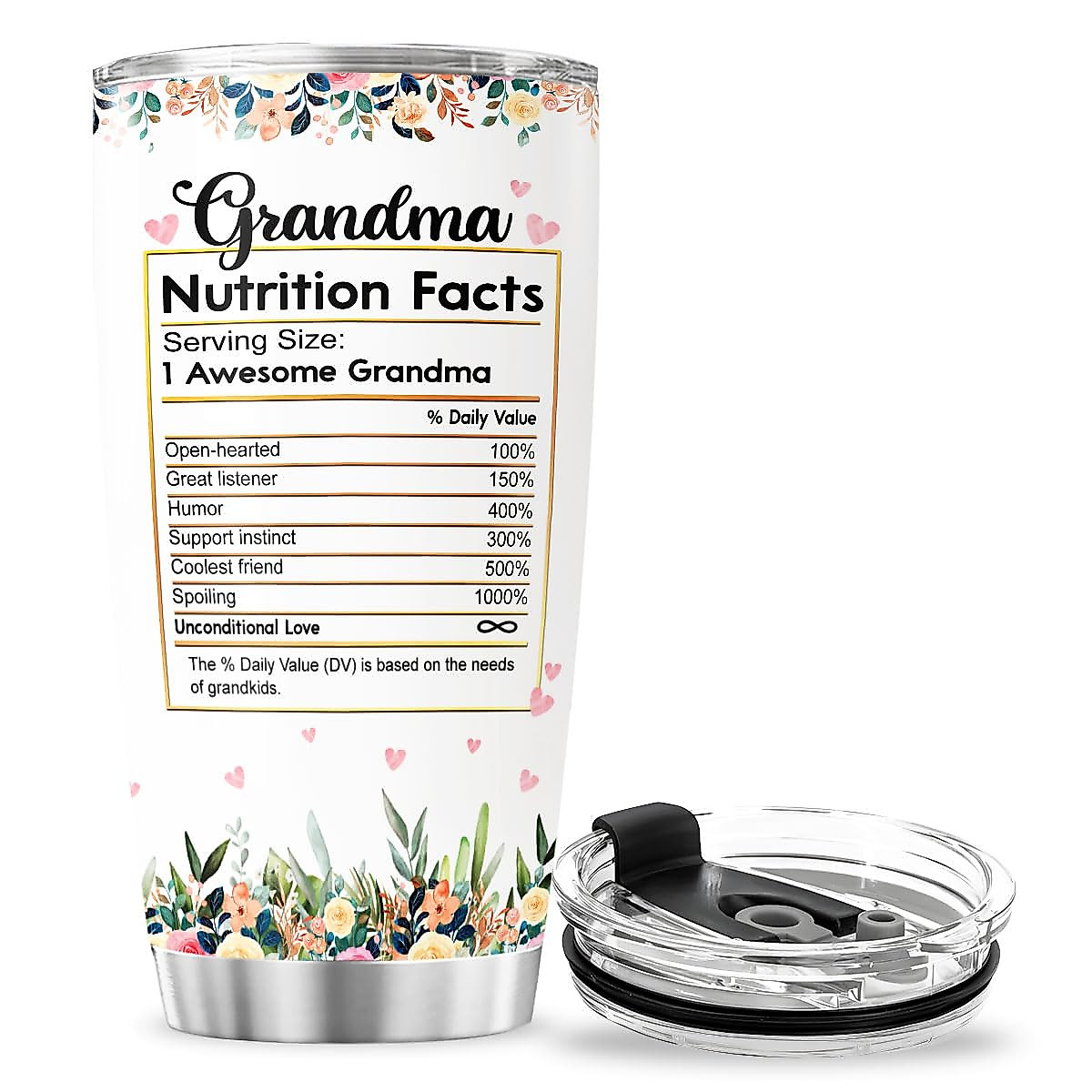 JENOIS Grandma Gifts, Tumbler 20 Oz With Lid And Straw, Coffee Flower Tumblers Granny Floral Cups Water Nana Handle Cup, Grandma Nutrition Facts
