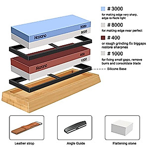 Nazano Knife Sharpening Stone Set - 8 Pieces Professional Whetstone Knife Sharpener Stone Set 4 Side Grit 400/1000 3000/8000, Knife Sharpening Kit with Bamboo Base, Flattening Stone, Leather Strop