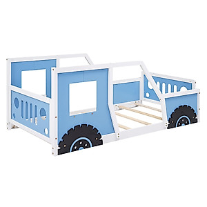 Kids Floor Bed Twin Size Platform Bed with Car-Shaped and Wheels, Wooden Twin Bed Frames with Doors and Windows, Twin Car Bed with Slat Support for Kids Boys Girls, No Box Spring Needed,Blue