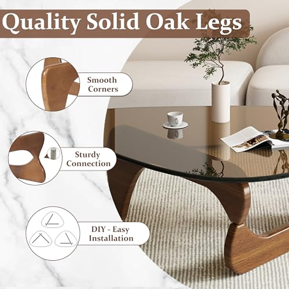 Triangle Glass Coffee Table-Mid-Century Modern End Table Solid Wood Base and Vintage Tempered Transparent Glass Top Coffee Tables Living Room Balcony (Walnut/Brown, Small 32.2 * 22.4 * 16in)