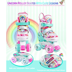 Rainbow Unicorn Kids Roller Skates for Girls Boys Toddler Ages 3-6,4-Pejiijar Adjustable Roller Shoes with Luminous Wheels for Birthday Xmas Gifts (Green, Small(10-13J))