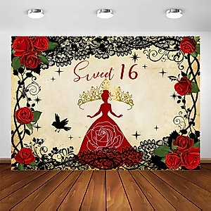 Avezano Sweet 16 Backdrop Retro Rose Gothic Princess Theme Birthday Party Decorations Black and Red 16th Birthday Photography Background Girls Bar Mitzvah Crown Photo Booth Banner (7x5ft)