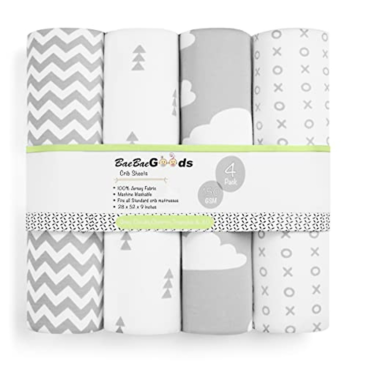 BaeBae Goods Premium Crib Sheets for Baby Boys and Girls, 4 Pack, Soft and Breathable Jersey Knit Fitted Sheet Set, Grey and White, Cute Gender Neutral Nursery Mattress Bedding, Universal Fit