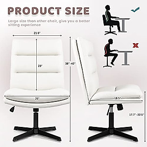 LEMBERI PU-Padded Armless Office Desk Chair No Wheels,High-Back Wide Seat Home Chair,120° Rocking Cross Legged Computer Task Chairs,Modern Adjustable Swivel Vanity Chairs (White)