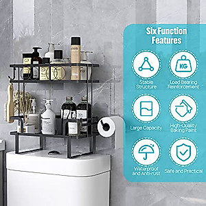 CAEKAIGTA Over The Toilet Storage Shelf, Bathroom Over Toilet Storage Shelf, 2 Tier Above Toilet Storage with Toilet Paper Holder, No Drilling with Wall Mounting Design, Space Saver (Black)