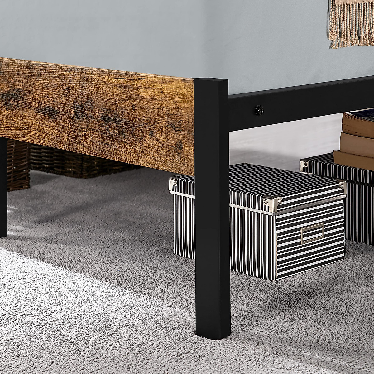 Yaheetech Metal Platform Bed Frame Twin with Wood Headboard and Iron Slats, Rustic Country Bed Base with Mattress Foundation/Strong Slats Support/12 Inch Underbed Storage/No Box Spring Needed, Brown