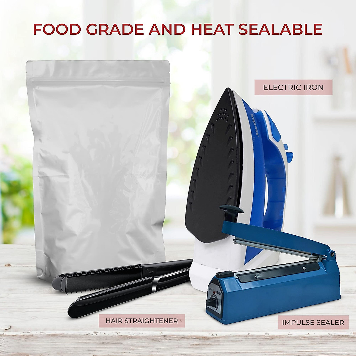 DINNESTY 60PCS 5 Oz 3" x 4" Inch Mylar Bags for Food Storage with Extra 7.2 MIL Thickness Heat Sealable Zipper Stand-Up Long Term Mylar Food Storage Bags with Oxygen Absorbers 300CC and Labels