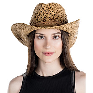 Funky Junque Women's Cowboy Hat - Bendable Brim Open Weave w/Chin Strap - Natural