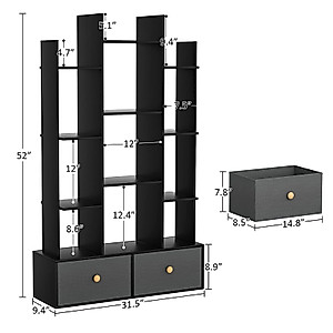Unikito Book Shelf with 2 Drawers Free Standing Bookcase, Office Storage Shelf Organizer with 12 Open Bookshelf, Industrial Wood Book Case Display Rack for Bedroom, Living Room Home Office, Black