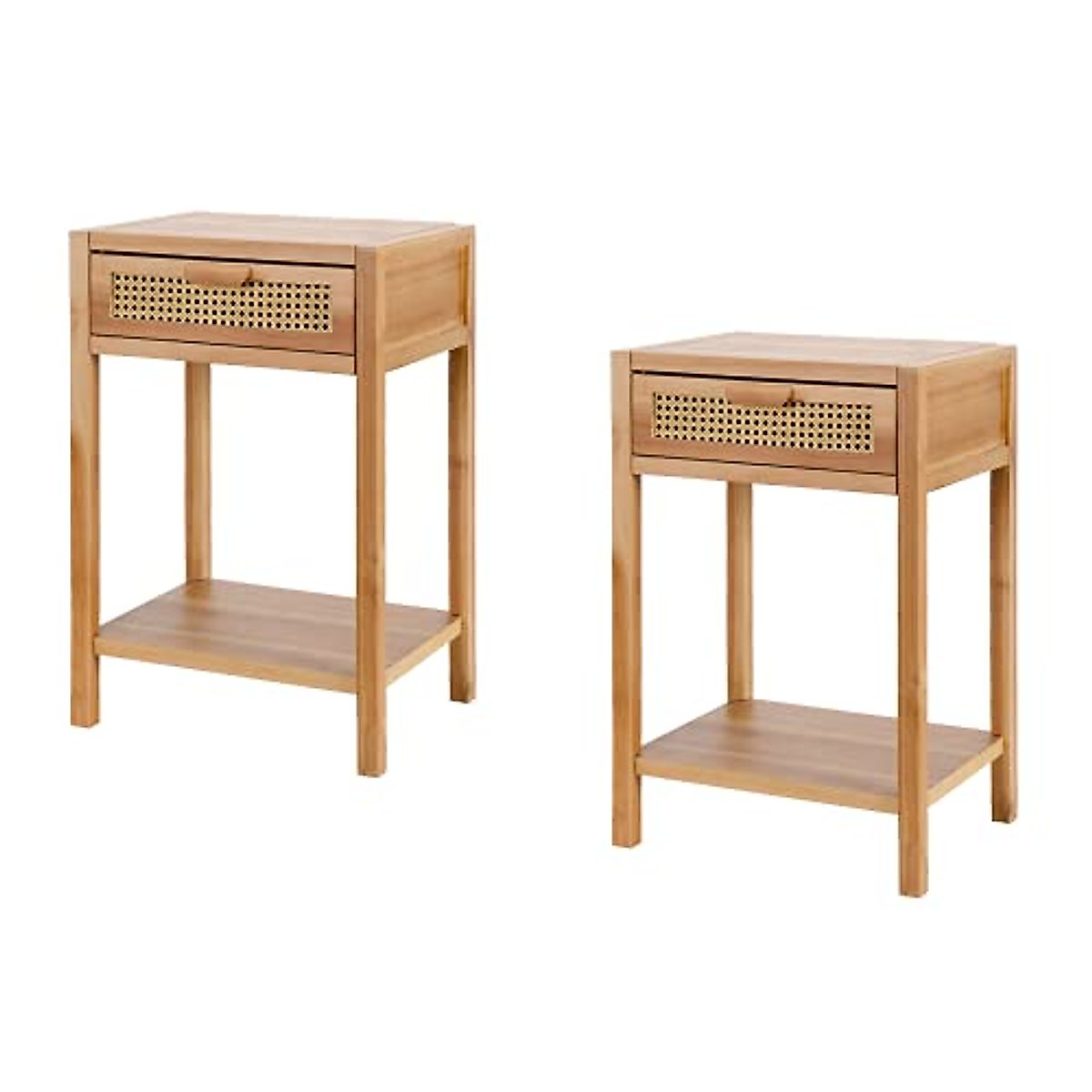 COZAYH Set of 2 Modern Minimalism Nightstand End Table Side Table with Woven Pattern Drawer and Shelf Storage, Rustic Farmhouse Style, Natural