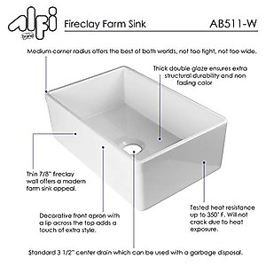 ALFI brand AB511 White 30-Inch Decorative Lip Single Bowl Fireclay Farmhouse Kitchen Sink, White