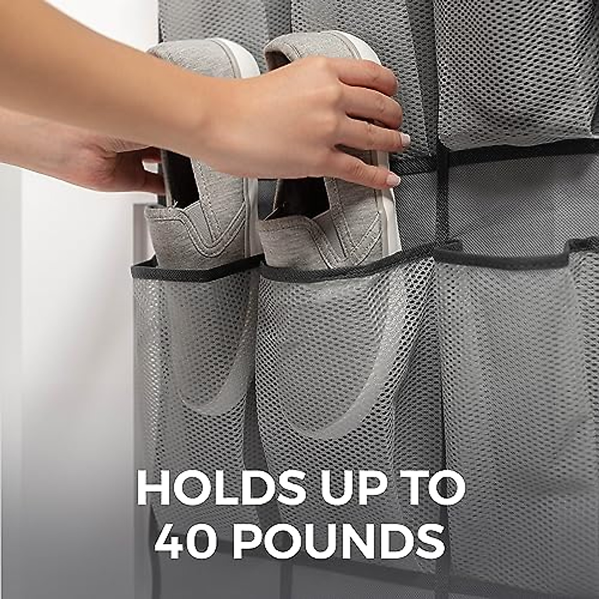 HOME GENIE 24 Pocket Strong Space Saving Over Door Shoe Organizer, Holds Up to 40 Pounds, Stay In Place Hooks Large Breathable Mesh Pocket Hanging Behind Closet Caddy Holder, Cabinet Rack, Gray