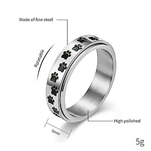 6mm Dog Paw Prints Spinner Ring,Stainless Steel Fidget Anxiety Worry Relieving Boredom Autism Band Fashion Animal Spins Rings for Men Women Girls