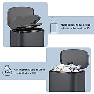 FINETONES Trash Can, Stainless Steel Garbage Can with Silent Lid, Durable Pedal & Inner Bucket, Pedal Garbage Bin for Kitchen Inside Outside (50L, Dark Gray)