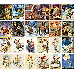PIXILUV Vintage PostCards 24 pcs Christmas Dwarves Vintage Illustrations by Jenny Nystrom