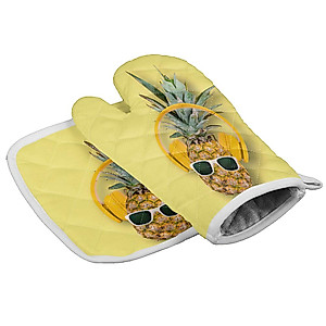 Set of Oven Mitt and Pot Holder,Pineapple Sunglasses Music Mini Oven Gloves and Hot Pads Yellow Funny Tropical Fruit Heat Resistant Kitchen Decor for Cooking BBQ Baking