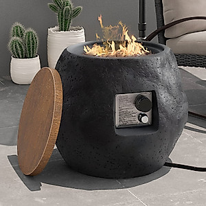 COSIEST Outdoor Propane Fire Pit w 23" Faux-Stone Base, Jar Shaped Fire Table w 40,000 BTU Stainless Steel Burner, Free Lava Rocks, Faux-Wood lid, Waterproof Cover for Coffee Table, Stool (Black)