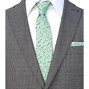 ZENXUS Mens Cotton Skinny Floral Light Sage Tie Combo Set with Pocket Square