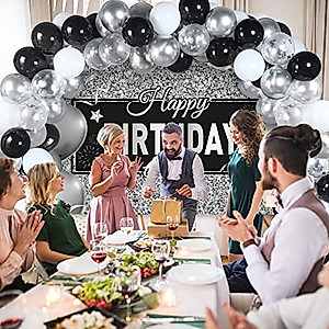 Black and Silver Birthday Party Decorations Black Silver Balloons Arch Garland Kit Silver Black Birthday Photography Backdrop Banner for Kids Adults Anniversary Birthday Party Supplies Decor