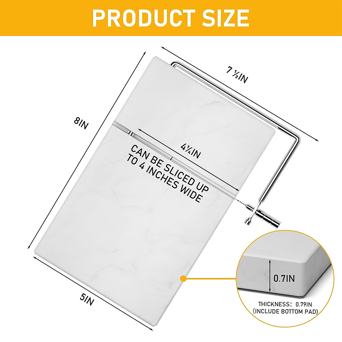 Cheese Slicer - Cheese Cutter with 5 Replacement Upgrade Thick Cutting Wires - Heavy Duty 5" x 8" Marble Board Cheese Slicer for Block Cheeses, Butter, Etc - Kitchen Gadget Cheese Slicer Tool - White
