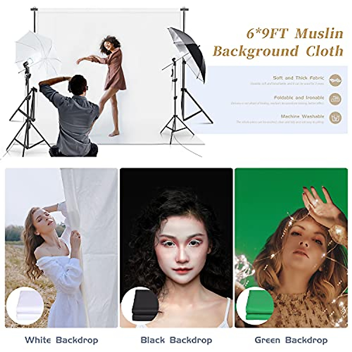 Walk Fly Photography Umbrella Lighting Kit, 6 x 9FT Muslin Screen Backdrop Continous Lighting Umbrella Equipment, 7 x 10FT Background Stand Support System for Studio Photo Portrait Video Shooting
