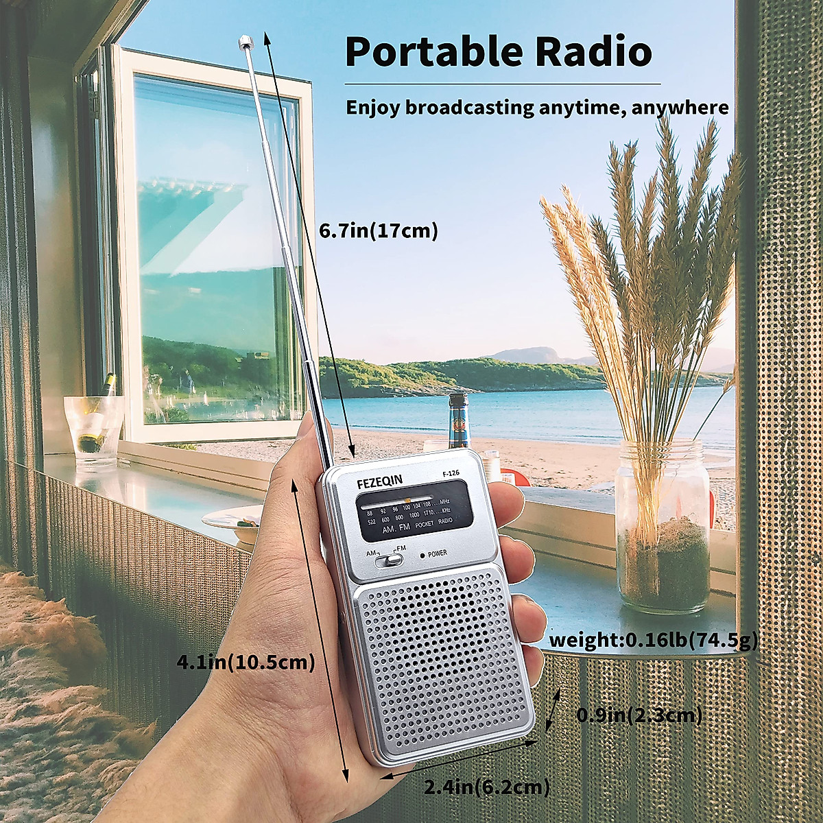 FEZEQIN F-126 Portable Radio AM FM Battery Operated Radio Compact Transistor Excellent Reception with Tuning Light, Back Clip, Speaker Headphone Jack for Walking, Camping and Emergency (Silver)