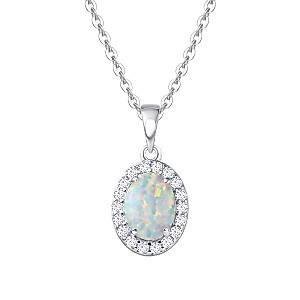 FANCIME 925 Sterling Silver Oval Necklace White Created Opal Pendant Delicate Cubic Zirconia Jewelry Mother's Day Gifts for Women 16"+2"