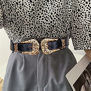 Barry.Wang Stretchy Belts Women Wide Elastic Cinch Waist Belt Designed Chain Black Snap-Button 2 Gold Buckle Halloween