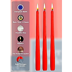 Hyoola 12 Pack Tall Red Taper Candles - 10 Inch Red Dripless, Unscented Dinner Candle - Paraffin Wax with Cotton Wicks - 8 Hour Burn Time.