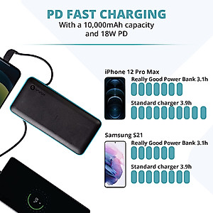 Ampere Really Good Power Bank - 10000mAh Portable Travel Phone Charger with Built-in Lightning Cable [MFi Certified] & Built-in USB-C Cable for iPhone, iPad & AirPods (Black/Teal)