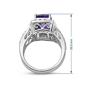 Jewelili 14K Rose Gold Over Sterling Silver 10x8 MM Cushion-cut Amethyst and Round Created White Sapphire Halo Ring, Size 7