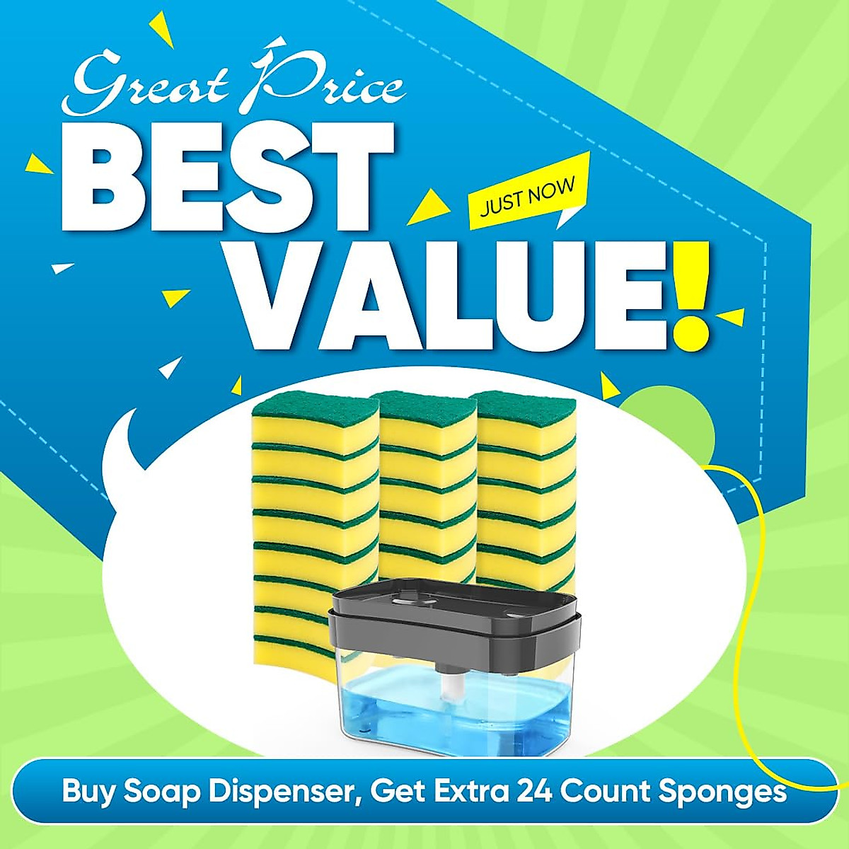 HOMEXCEL Dish Soap Dispenser with 24 Scrub Sponges for Kitchen Sink, 2 in-1 Premium Soap Dispenser with Sponge Holder, 24 Cleaning Sponges with Dishwashing Soap Pump Dispenser for Kitchen Countertop