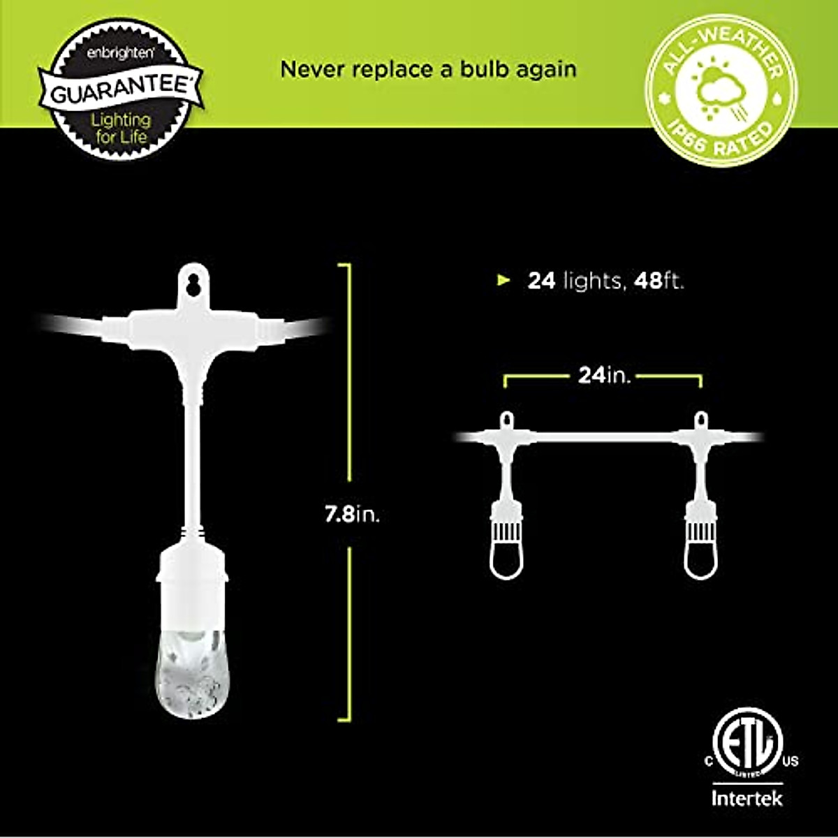 Enbrighten Classic Warm White String Lights, 48ft White Cord, 24 Shatterproof Acrylic Bulbs, Weatherproof, Outdoor String Lights, 35608