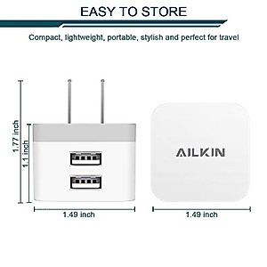 2Pack USB Wall Charger Plug, AILKIN 2.4A Dual Port USB Adapter Power Cube Fast Charging Station Box Base Replacement for iPhone 14 13 12 Pro Max SE 11 XR XS X/8, Samsung, Phones USB Charge Block-White