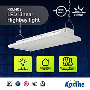 Konlite - 4 FT Linear LED Shop Lights, 225W, 30,626LM Bay Ceiling Shop Light for Commercial & Industrial Use, Non-Maintenance Shop Lights for Workshop, Garage Light, 5000K Daylight, Dimmable 1-10V
