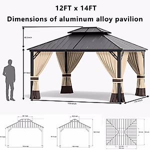ASJMR 12x14ft Hardtop Gazebo Double Roof, outdoor pavilion with 2-layer hard top galvanized iron frame garden tent, suitable for courtyards, backyards, decks, and grass
