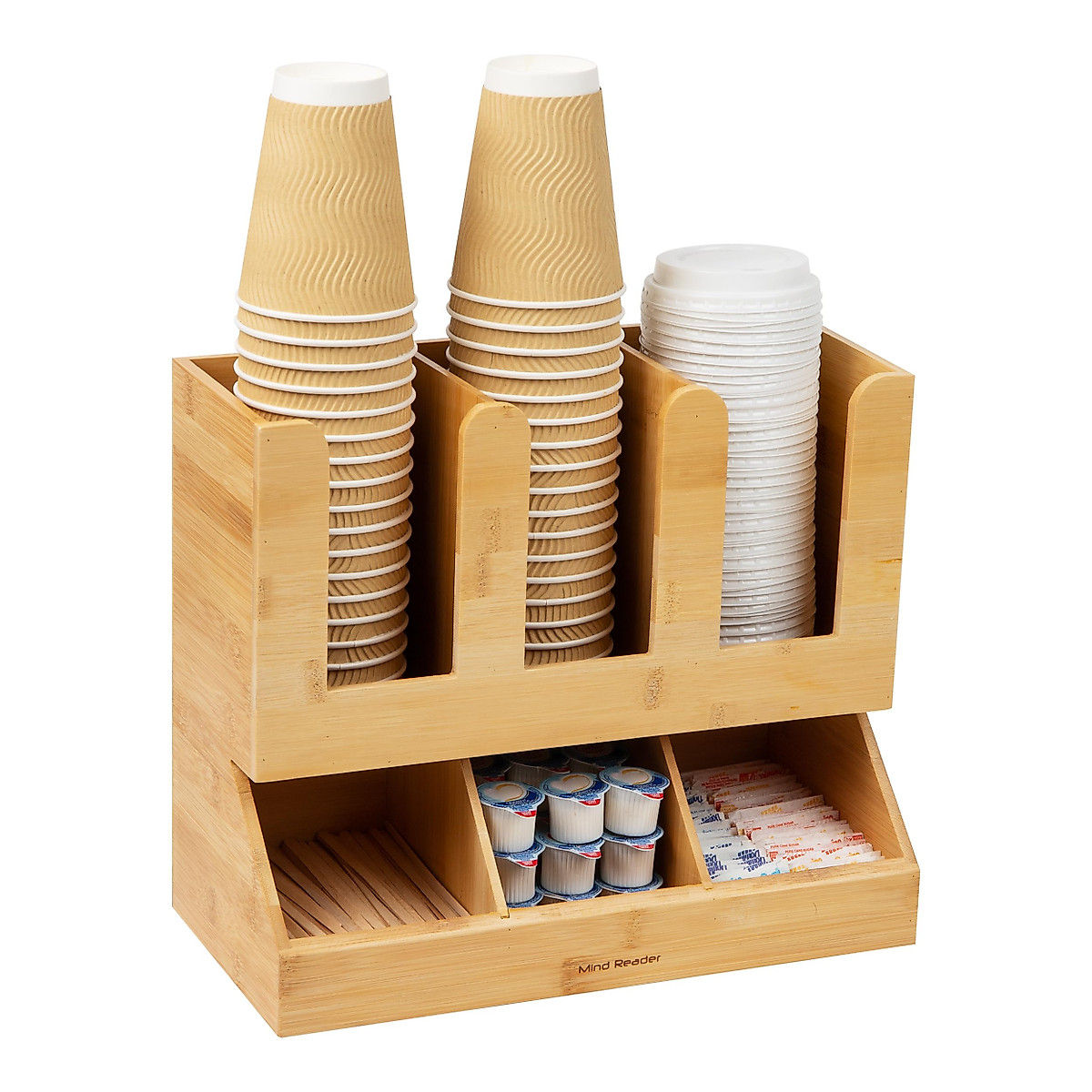 Mind Reader 6 Compartment Bamboo Upright Coffee Breakroom Condiment and Cup Storage Organizer, Brown