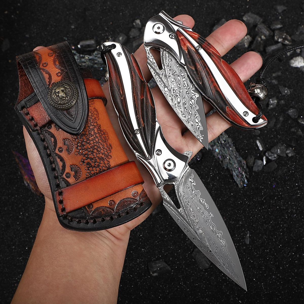 ALVELY Handmade Japanese VG10 Damascus steel Folding Pocket Knife，With leather case，Liner Lock，3.1in high hardness blade，Wooden Handle，men's folding knife hiking trip EDC tool Knife