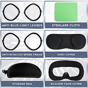 (1 Set) Seltureone Anti-Blue Light Lens Frame Compatible for Quest 2, Eyes Protective Glasses Accessories Set for Quest 2, with VR Lens Dust Proof Cover and Silicone Face Cover, Black