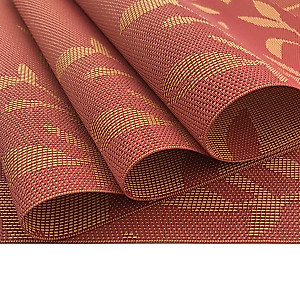 Gugrida Place Mats PVC Set of 6, Table Placemats Set of 6 PVC Woven Vinyl Place Mats Table Mats Natural Color (6 pcs, Oriange Leaves)