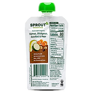 Sprout Organic Baby Food, Stage 2 Pouches, Carrot & Chickpea Plant Powered Protein, 3.5 Oz Purees (Pack of 12)