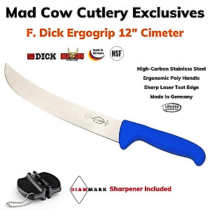 F. Dick Ergogrip 12 Inch Cimeter With Diammark Dual Action Knife Sharpener - High-Carbon Stainless Steel Blade - Ergo Handle - Professional Butcher Knife - Knife Made In Germany