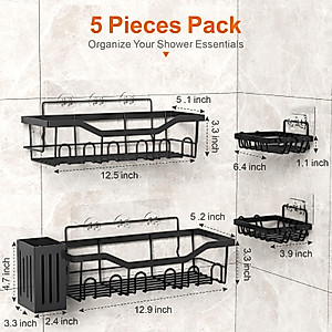LEPHYON Shower Caddy 5 Pack | No Drilling Shower Organizer for Bathroom with Black Basket | Rustproof Shower Shelf | Large Capacity Shower Rack | Stronger Adhensive Shower Shelves for Tile Wall