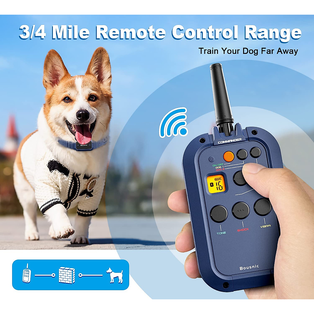 Bousnic Dog Shock Collar with Remote - ¾ Mile Electronic Training Collar for (15-140lbs) Medium Large Dogs, Waterproof Rechargeable Dog E Collar with 3 Modes, Beep, Vibration, Safe Shock(1-16 Levels)