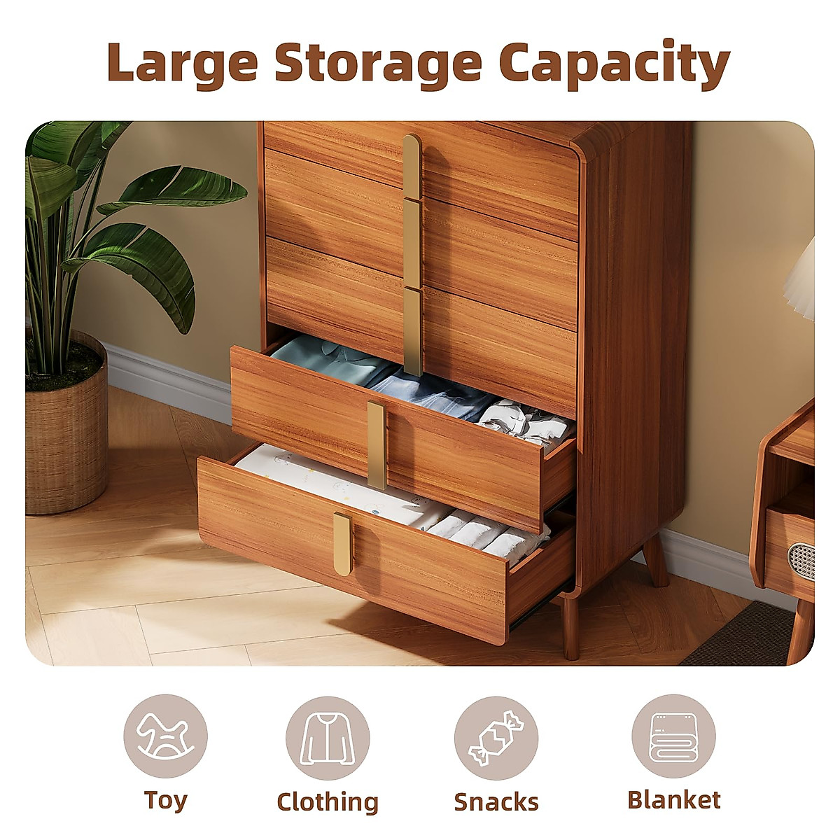 JOINICE,Mid Century Modern Dresser,5 Drawer Dresser with Storage,Chest of Drawers with Metal Handle,Large Wooden Drawer Organizer,Tall Dresser for Bedroom,Living Room,Hallway,Cherry