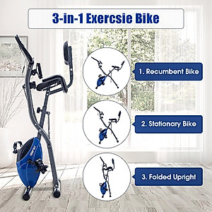 Merax 3 in 1 Adjustable Folding Exercise Bike Convertible Magnetic Upright Recumbent Bike with Arm Bands (Blue&Gray)