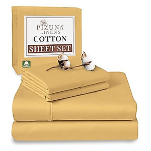 Pizuna Pure 100% Cotton Queen Bed Sheets Set Golden Yellow, Luxurious 400 Thread Count Long Staple Cotton Sateen Sheets with 15" Deep Pocket (Combed Cotton Queen Sheet Set - 4PC)