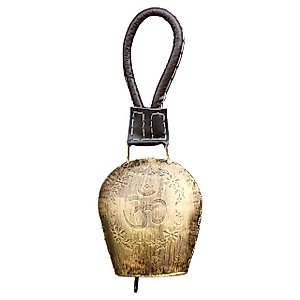 Vivanta 5 Inch Cow Bells Noise Makers , Decorative Bell for Wall Hanging , Antique Cow Decor Bells Leather Strap , Vintage Handmade Lucky Giant Harmony Bells for Indoor and Outdoor (Religion Theme Om)